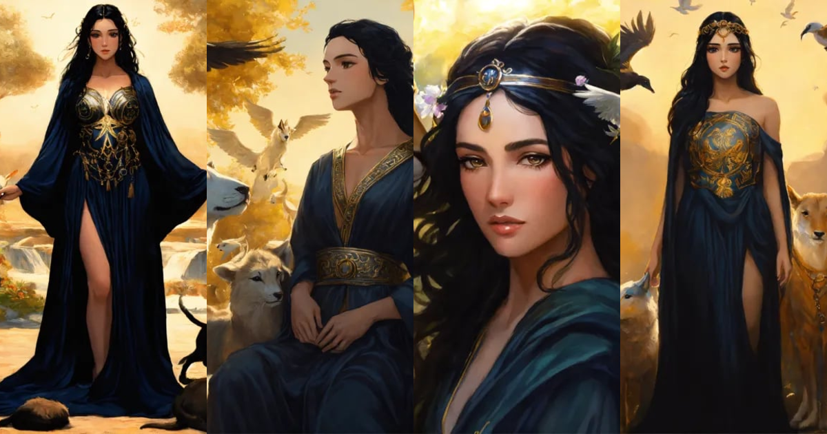 Lexica - Half greek goddess with black hair, black flowing robe ...