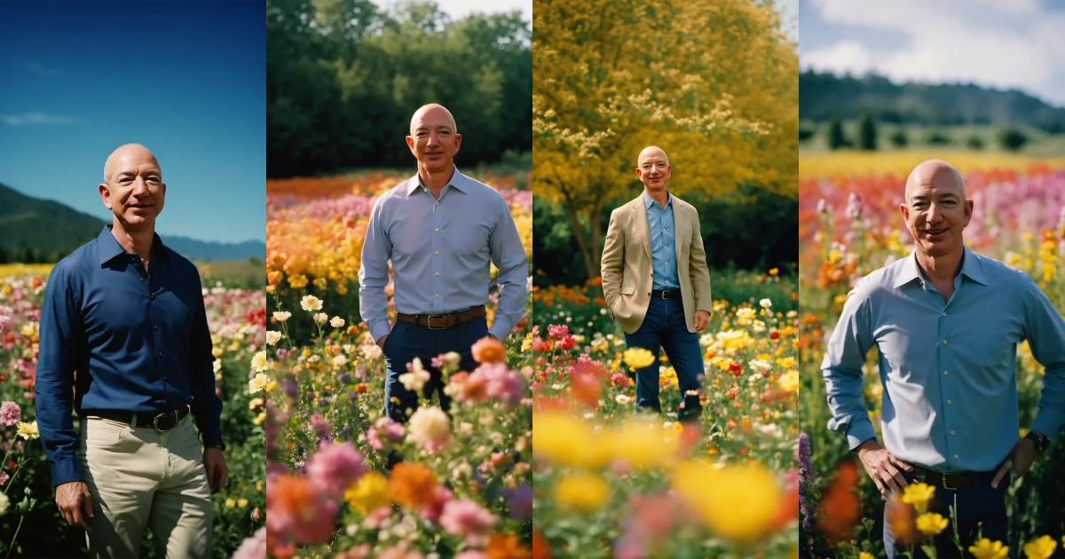 Lexica - Happy Jeff Bezos standing in a beautiful field of flowers ...