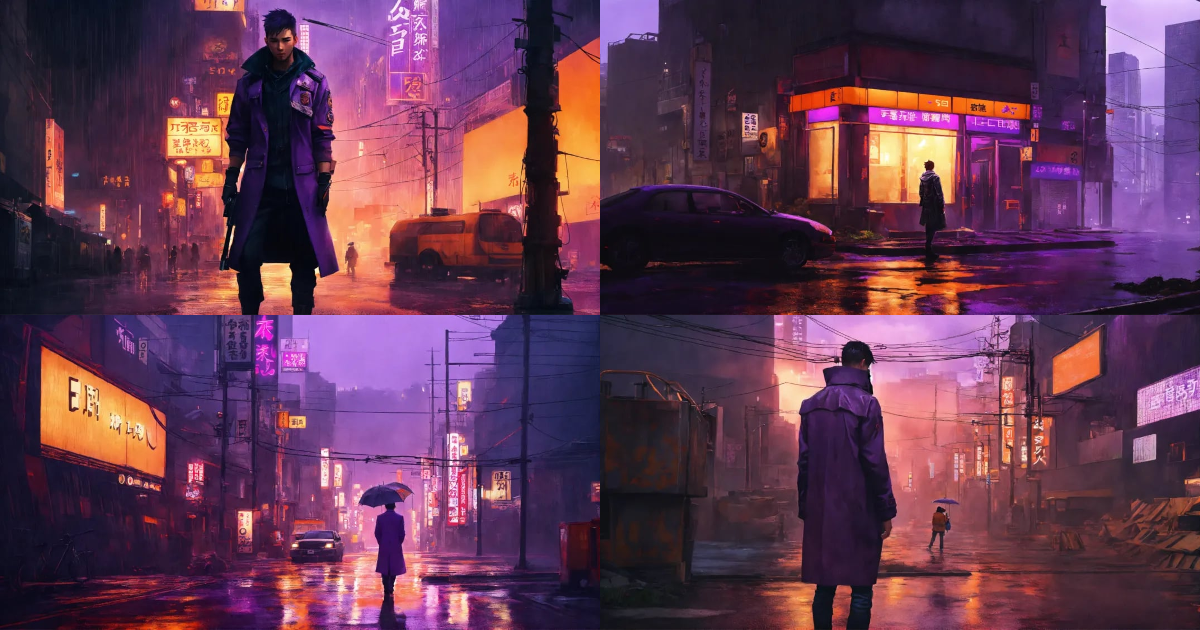 Lexica - Tokyo, post-apocalyptic, rainy mood, purple, orange, one men ...