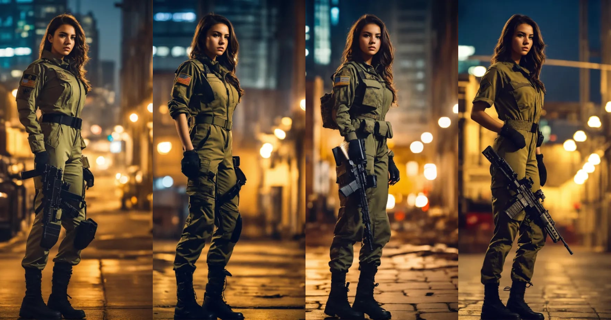 Lexica - A beautiful brunette military girl, tight combat jumpsuit, no ...