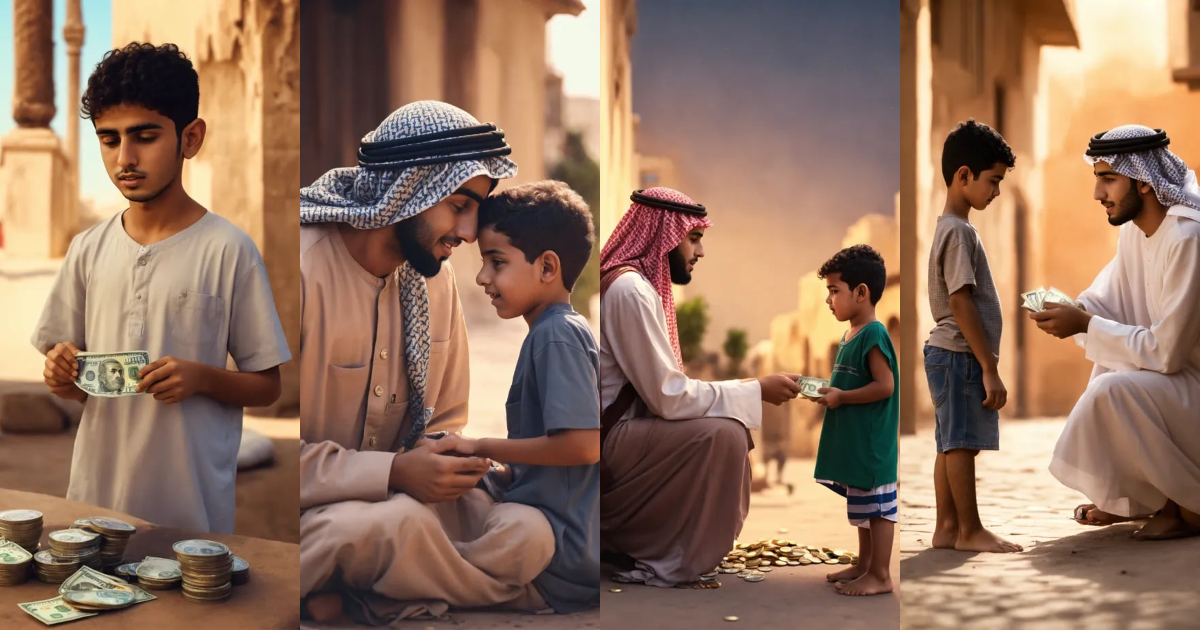 Lexica - Young arab man gives money to poor kid, realistic 4k