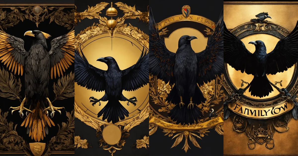 Lexica - Black crow, family crest, wings spread, black background