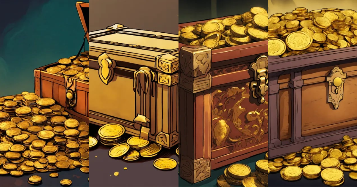 Lexica - A fantasy coffer of gold coins, in graphic novel art form