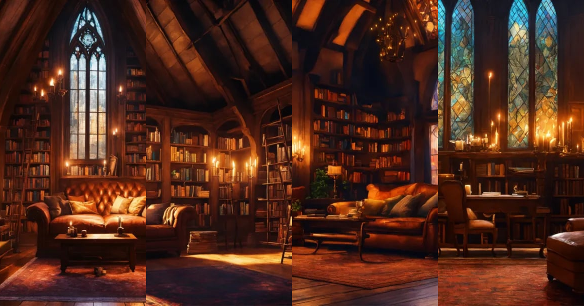 Lexica - Epic shot of very cozy ultra detailed library like from Harry ...