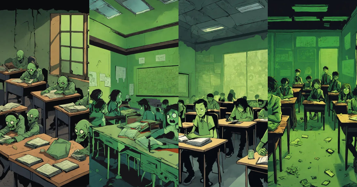 Lexica - Design a comic cartoon poster depicting a decrepit classroom ...