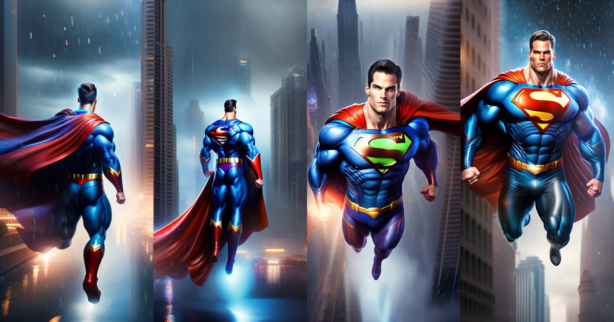 Lexica - Superman floating above the City, rainy night, realistic art ...