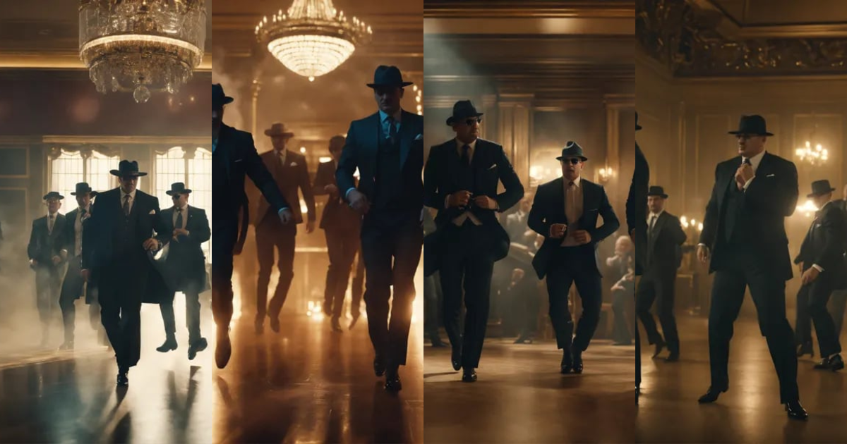 Lexica - Group of mafia gangsters dancing in british bank, smoky mood ...