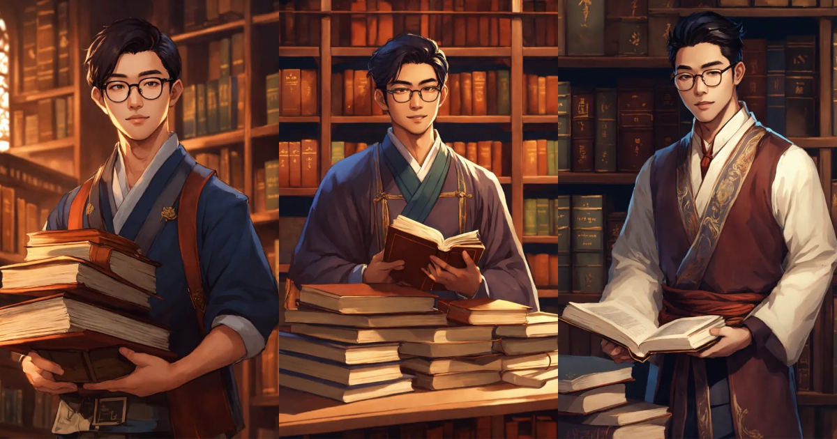 Lexica - A handsome asian scholar with glasses holding a stack of books ...