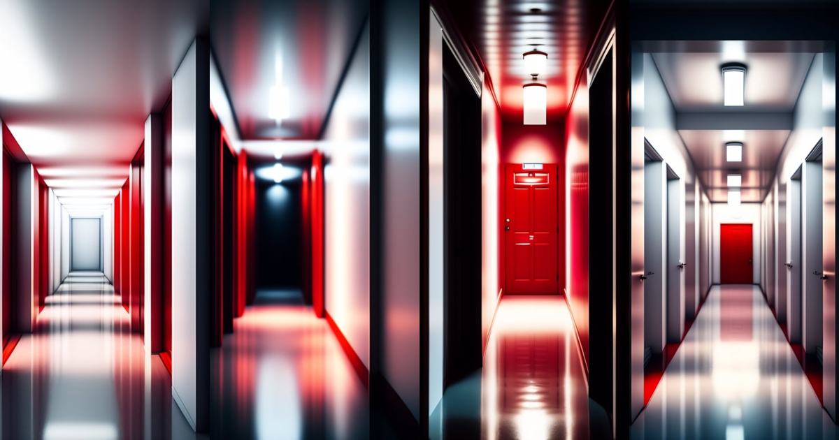 Lexica - A very long featureless white hallway with a single red door ...