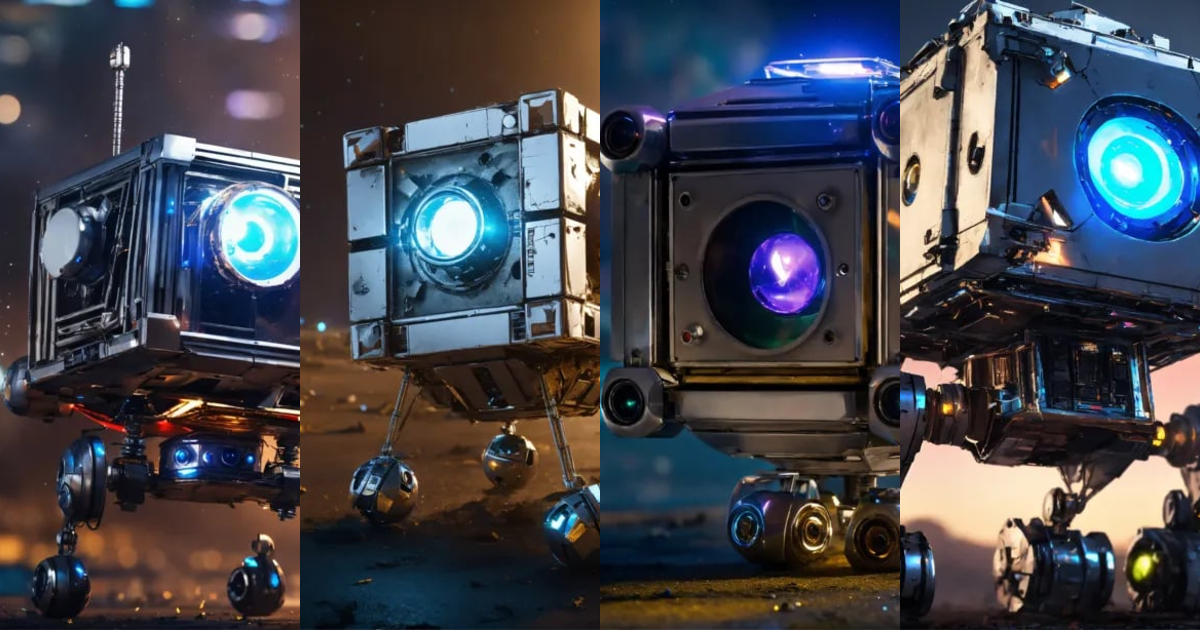 Lexica - Small flying floating polished silver cube bot with 2 round ...