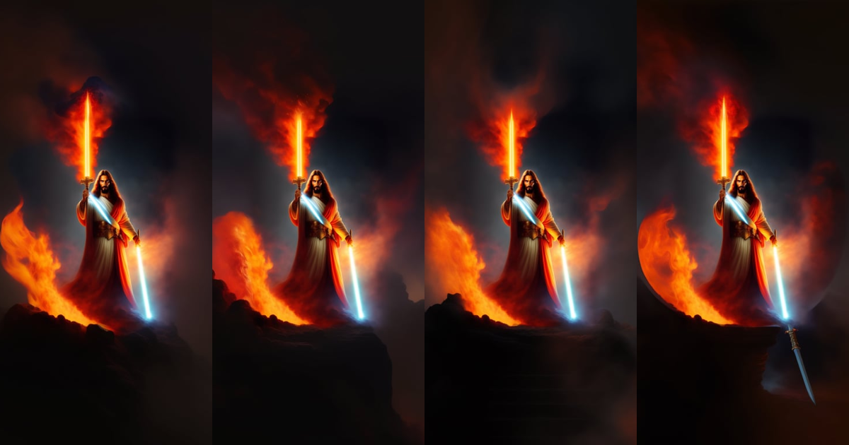 Lexica - Jesus with burning eyes, full body on a white cloud, holding a ...