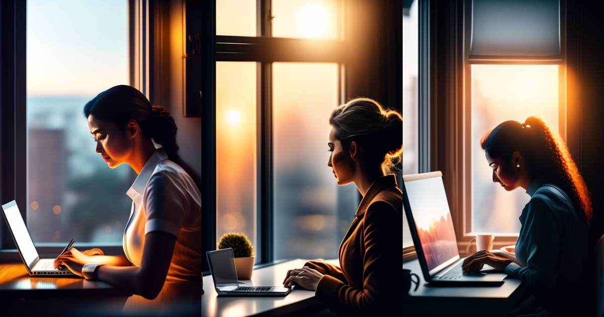 Lexica - A woman itting at her desk, typing on a laptop, light from the ...