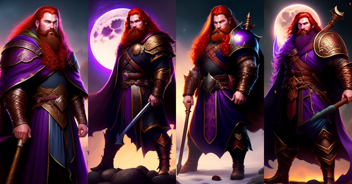Lexica - Fantasy dwarf, redhead male, very dark purple robes,big shield ...