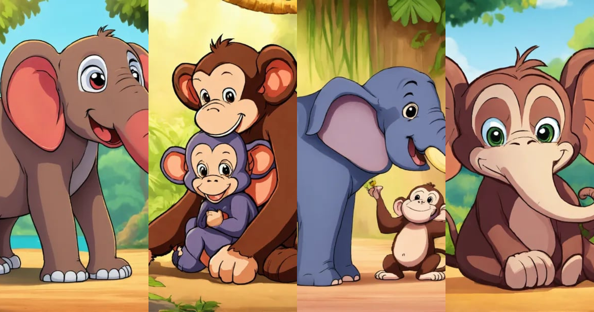Lexica - Monkey hugged elephant trunk cartoon