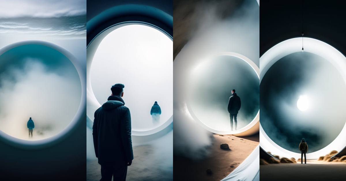 Lexica - Man inside the white foggy circle cocoons