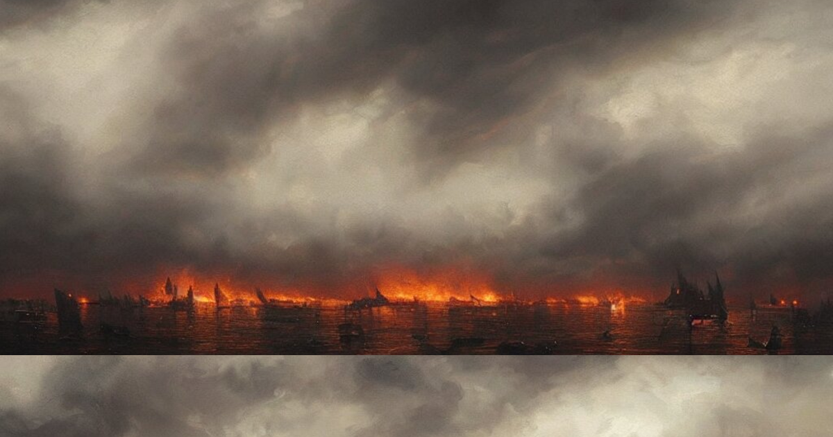 Lexica - Hyper realistic oil painting of a medieval fleet burning, dark ...
