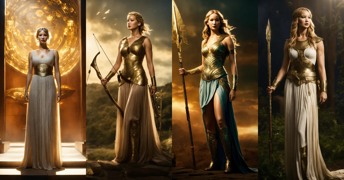 Lexica - Jenifer Lawrence like goddess Artemis in full height. Cinema ...