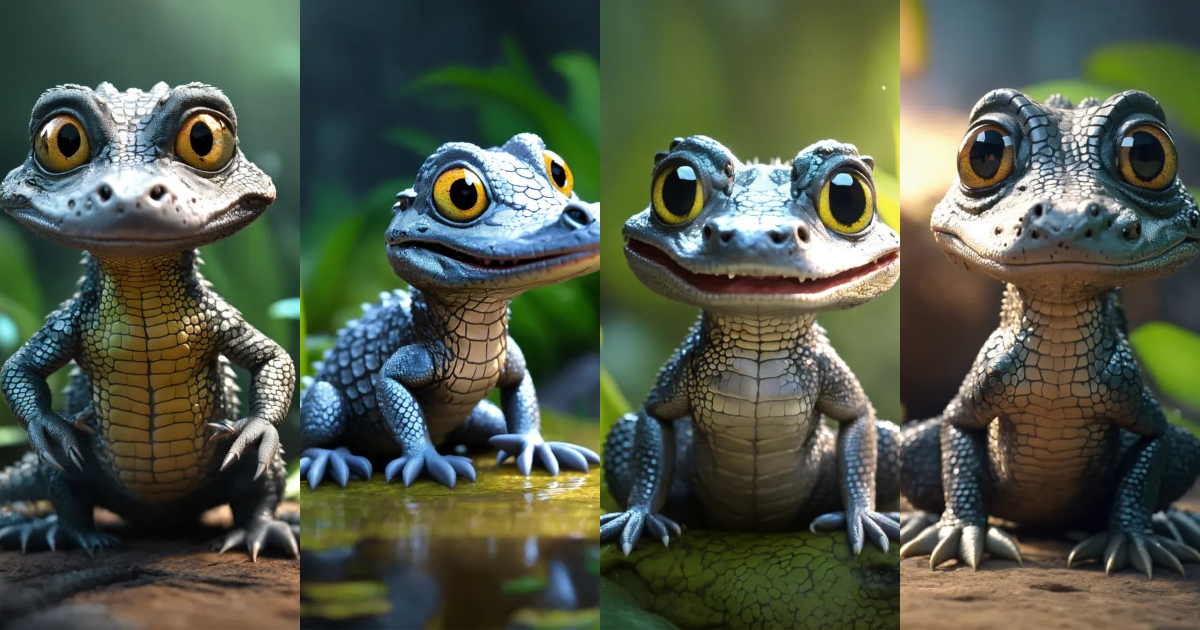 Lexica - A cute Charcoal gray baby caiman with big eyes, animated ...