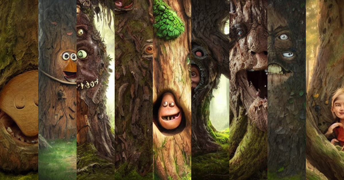 Lexica - A talking tree, a smiling face in the bark, nose made of wood ...