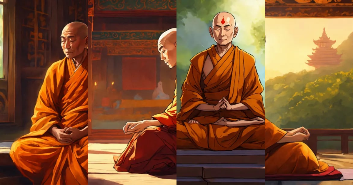 Lexica - A hand drawn painting of an old Buddhist monk engrossed in ...