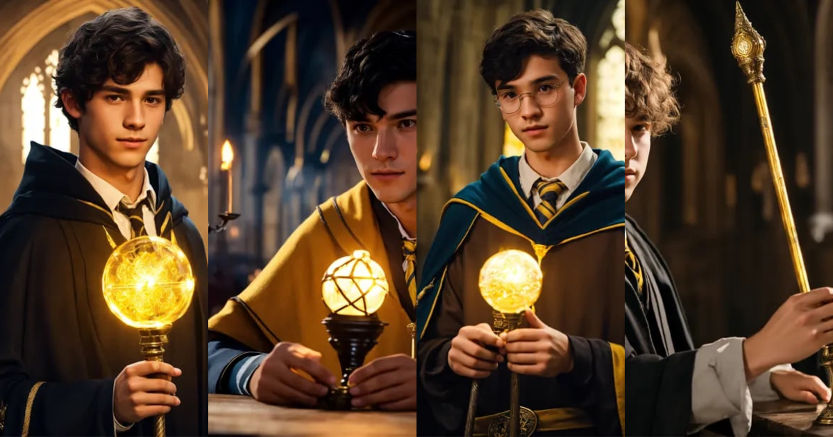 Lexica - Cute man young wizard, inside Hogwarts with a mystical scepter ...