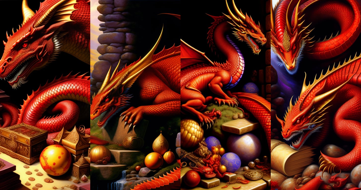 Lexica - Painting, red dragon lying on pile of treasures , highly ...