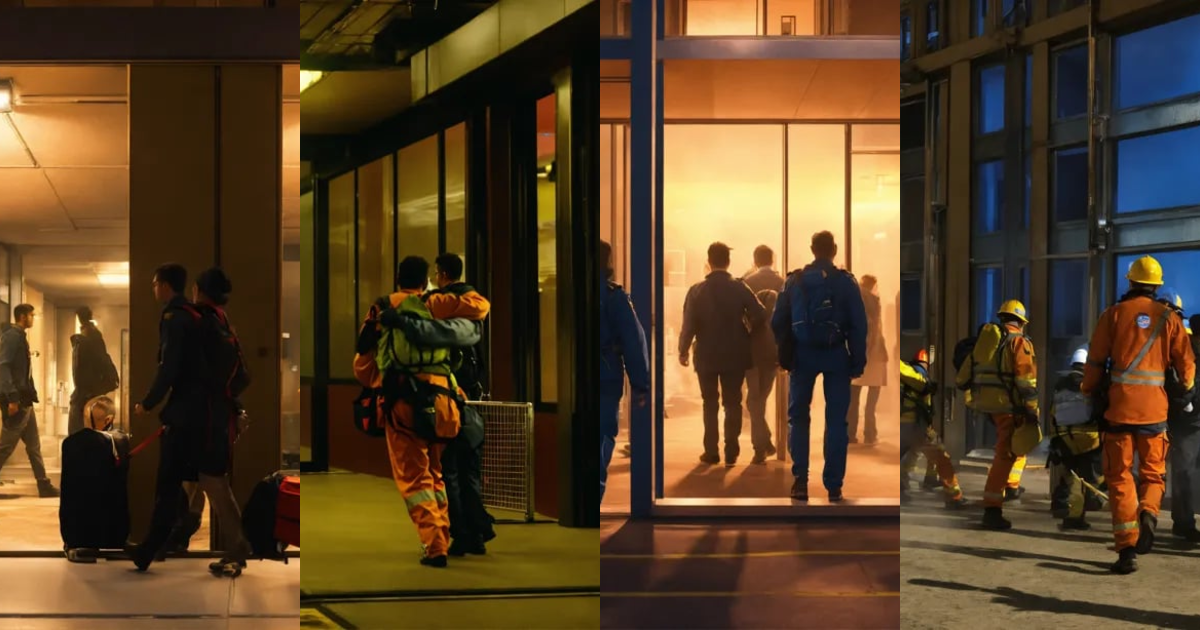 Lexica - "realistic people" safely evacuating from inside a building ...