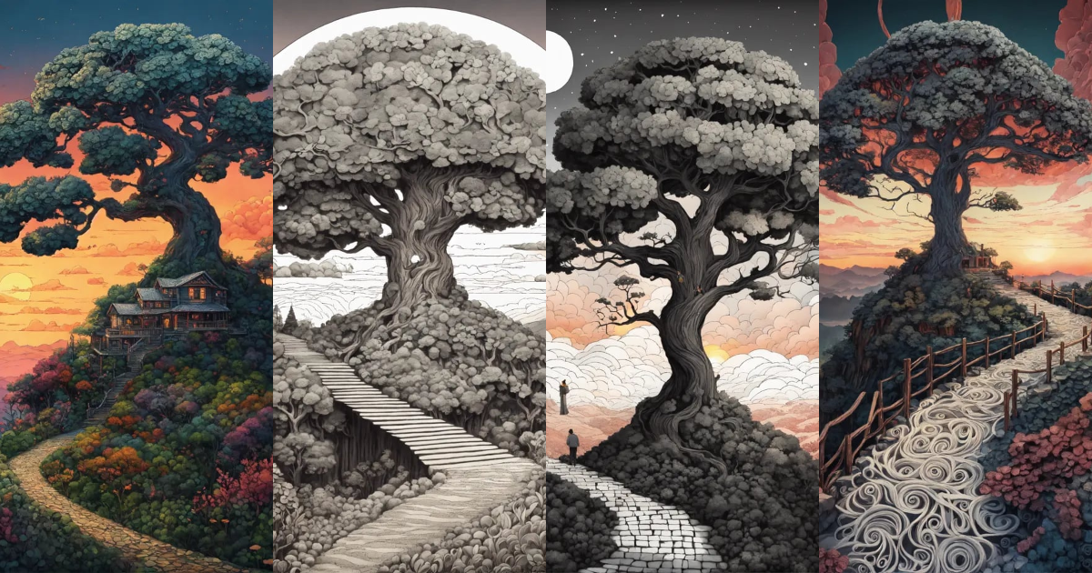 Lexica - Surreal giant tree on top of a hill, detailed, path up the ...