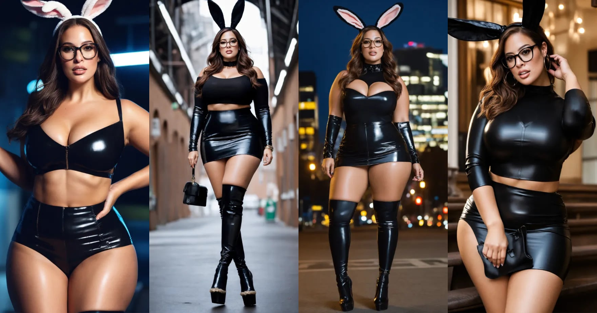 Lexica - Thigh highs socks black, Ashley graham with glasses in latex skin, no imperfection ...