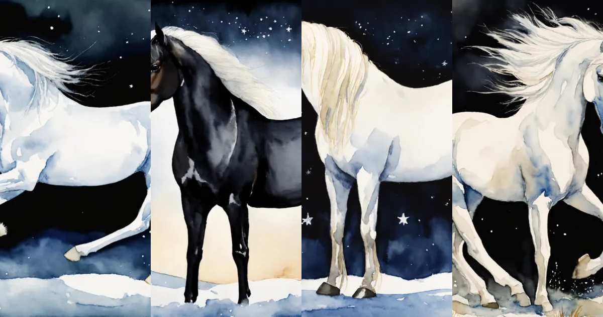 Lexica - Pure black background, a single magical white Christmas horse ...