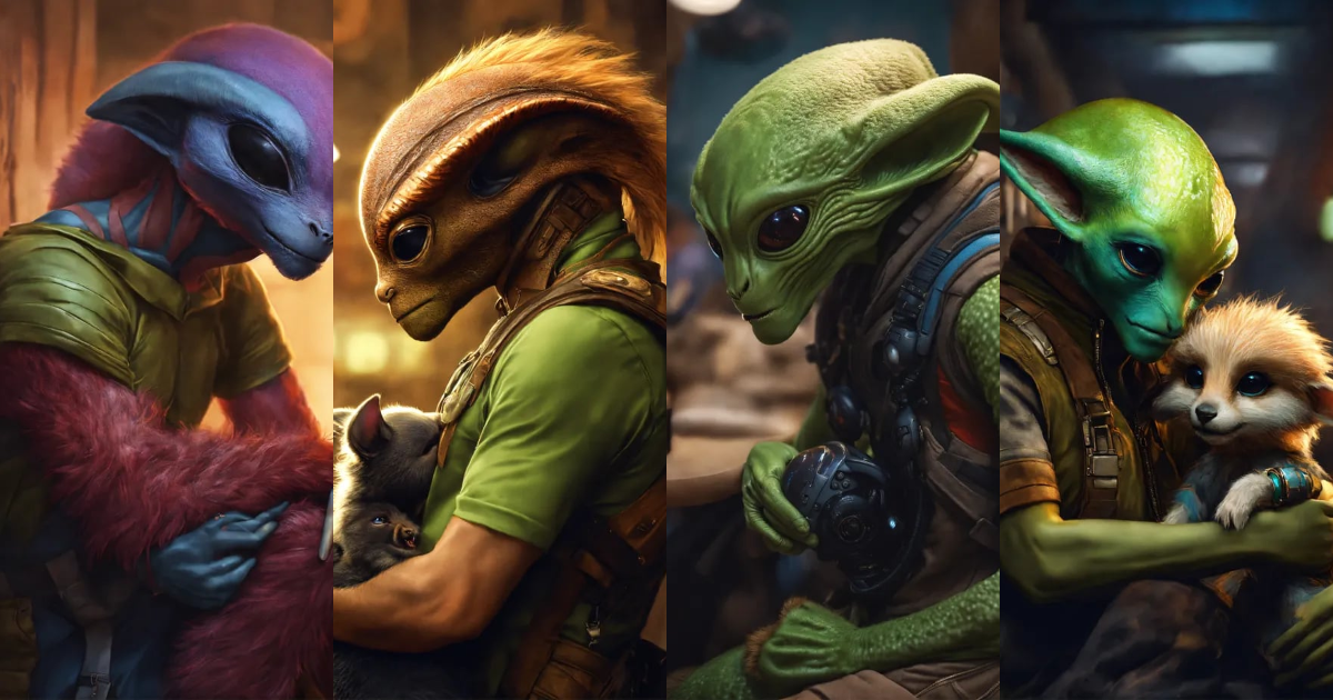 Lexica - Furry alien embracing a human male. photorealism