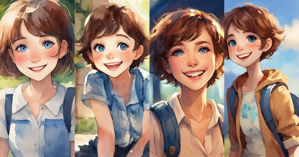 Lexica - Cartoon character, short brown hair, smiling, excited ...
