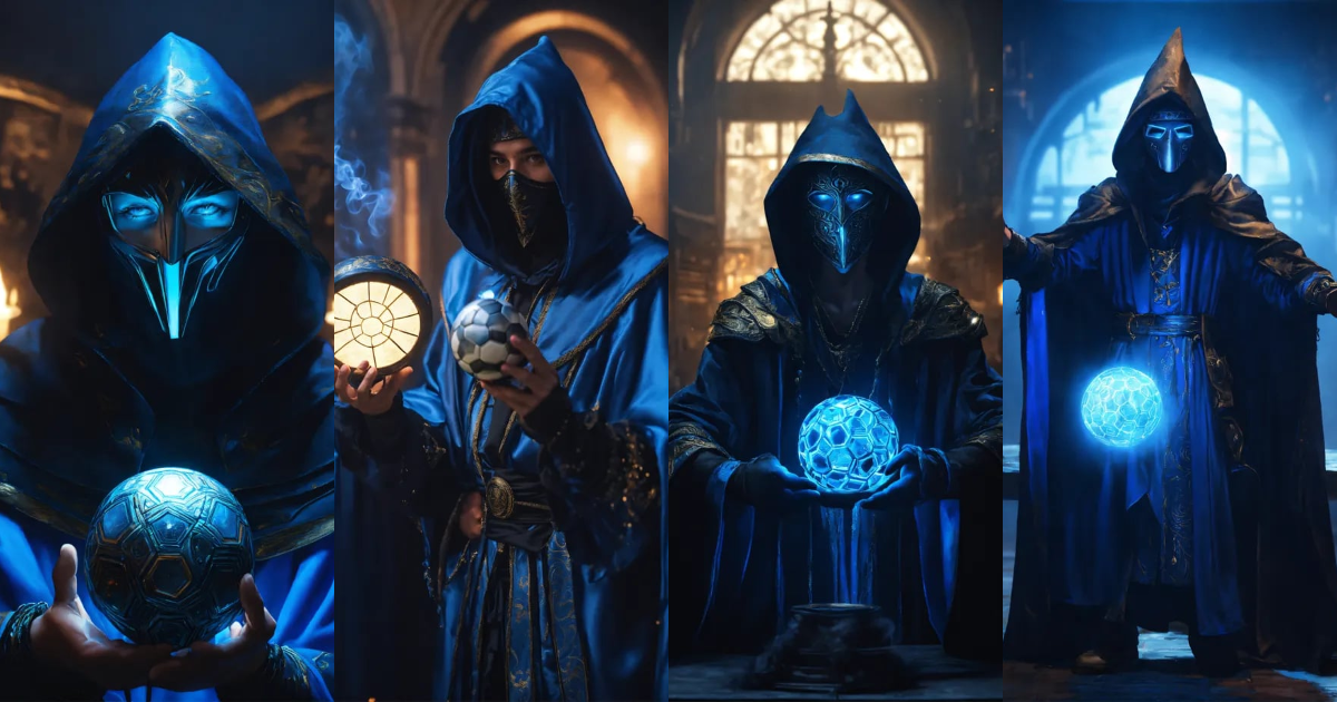 Lexica - A black and blue cloaked masked wizard casting a spell, soccer ...