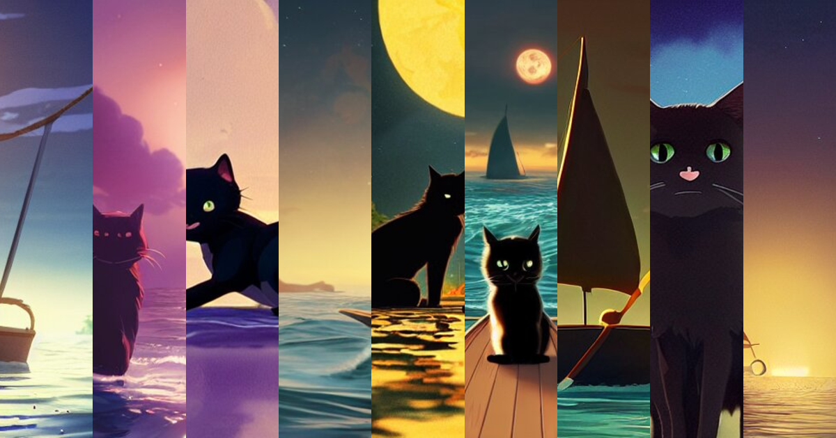 Lexica - A wholesome animation creative key shot of a black cat sailing ...