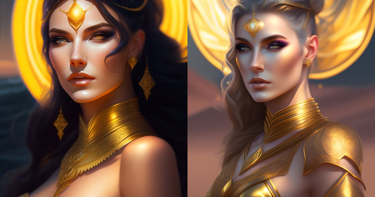 Lexica - A beautiful cinematic female sand goddess, golden dress, glow ...