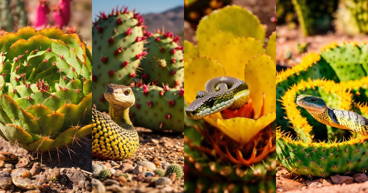Lexica - Snake curling around a prickly pear cactus