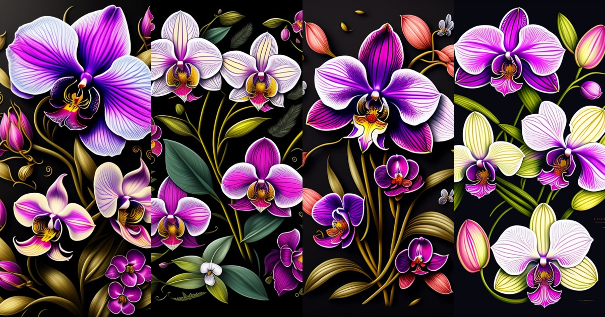 Lexica - Colorful, orchids on pale black paper, very detailed ...