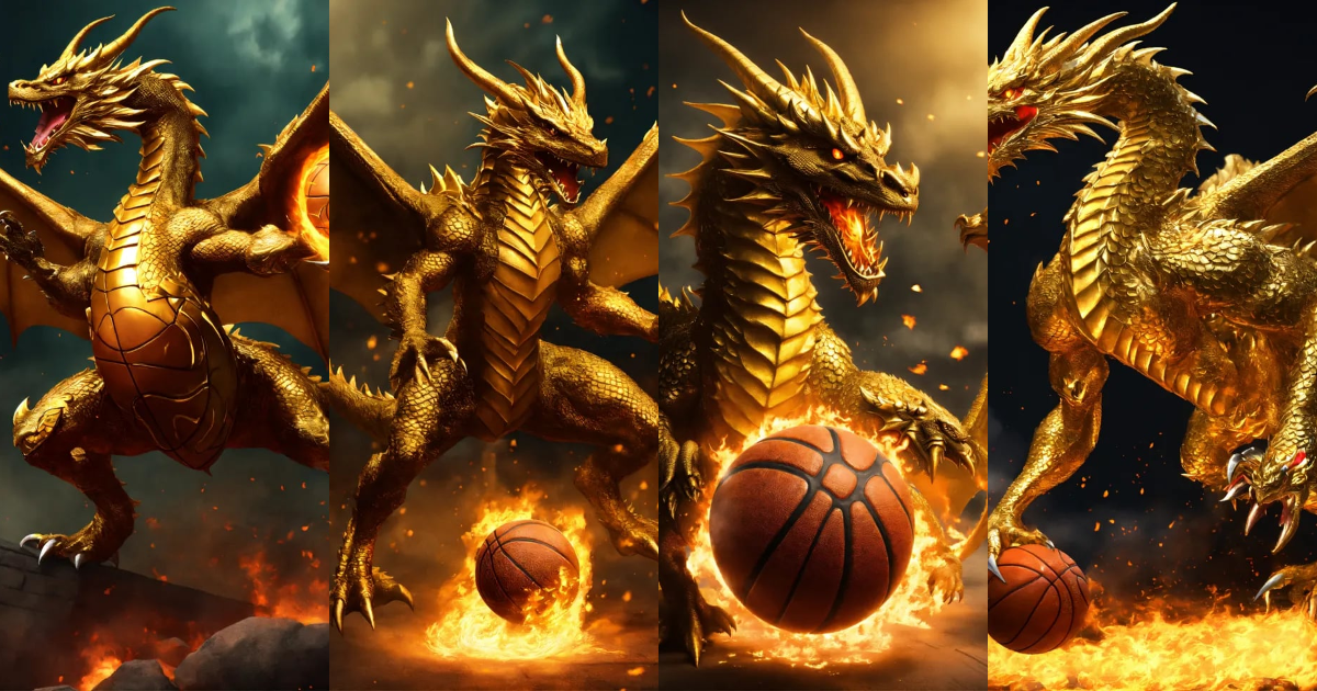 Lexica - A scary strong gold dragon with basketball shooting fire