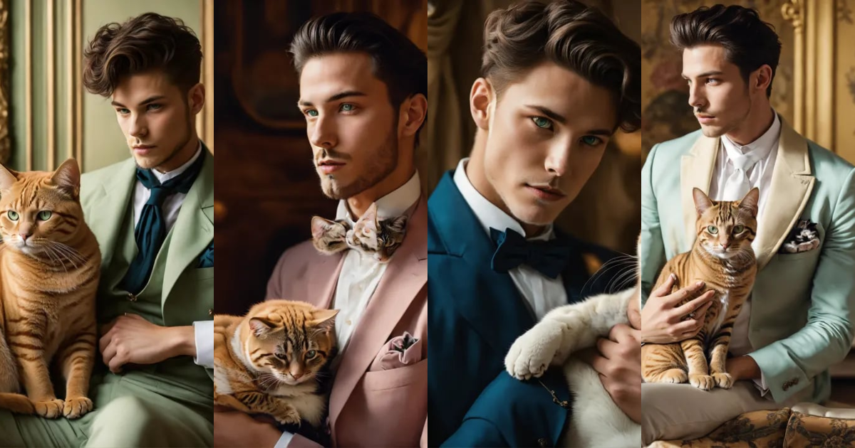 Lexica - Handsome man with a cat , light eyes ,Belle Époque interior ...