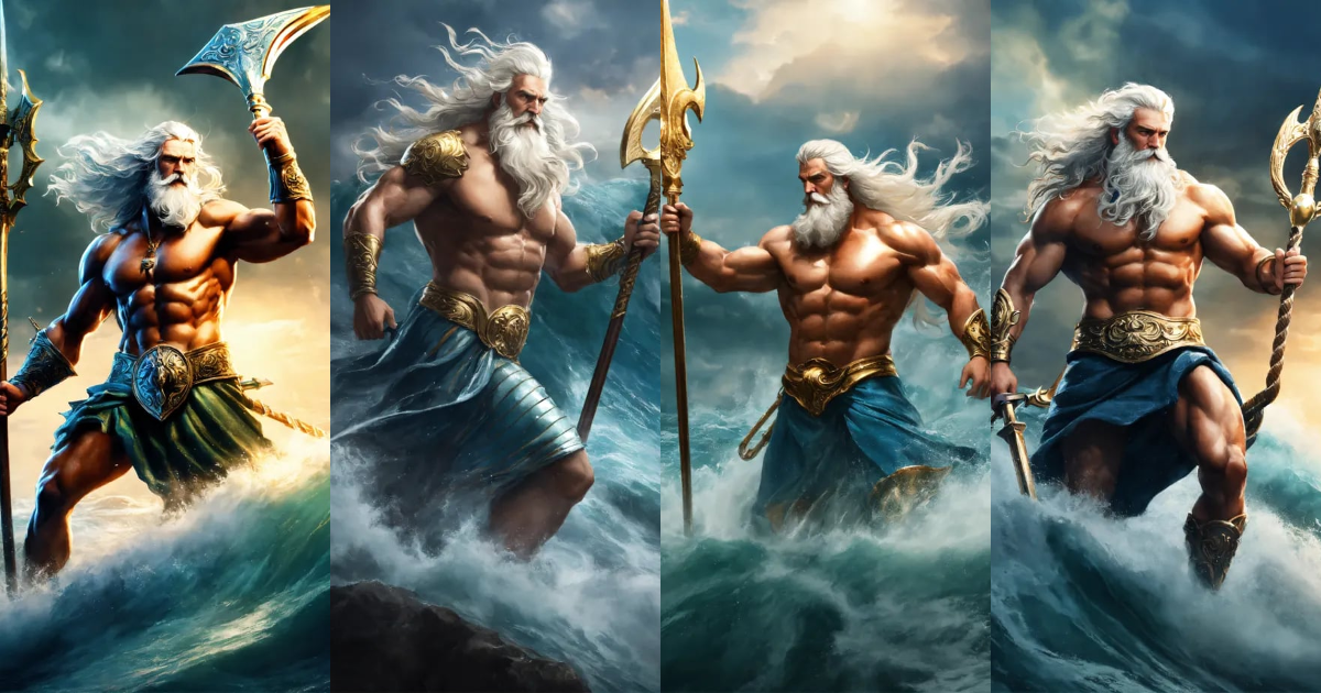 Lexica - God Poseidon emerging from a raging sea, ready to throw his ...