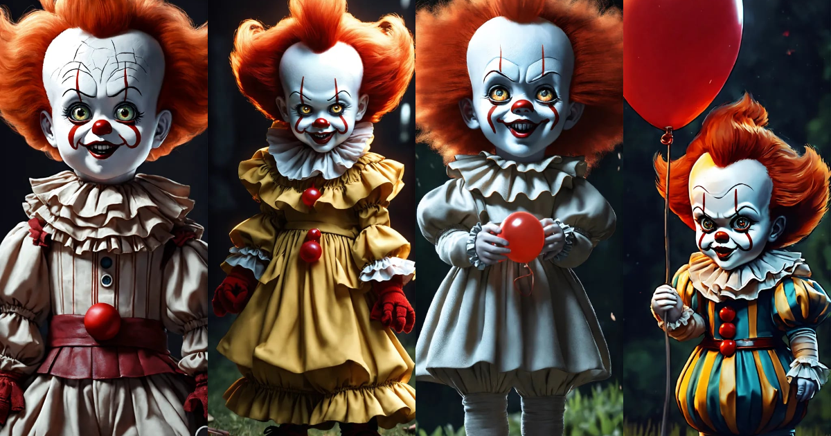Lexica - Pennywise as a cute baby, cartoon effect, very big eyes. More ...