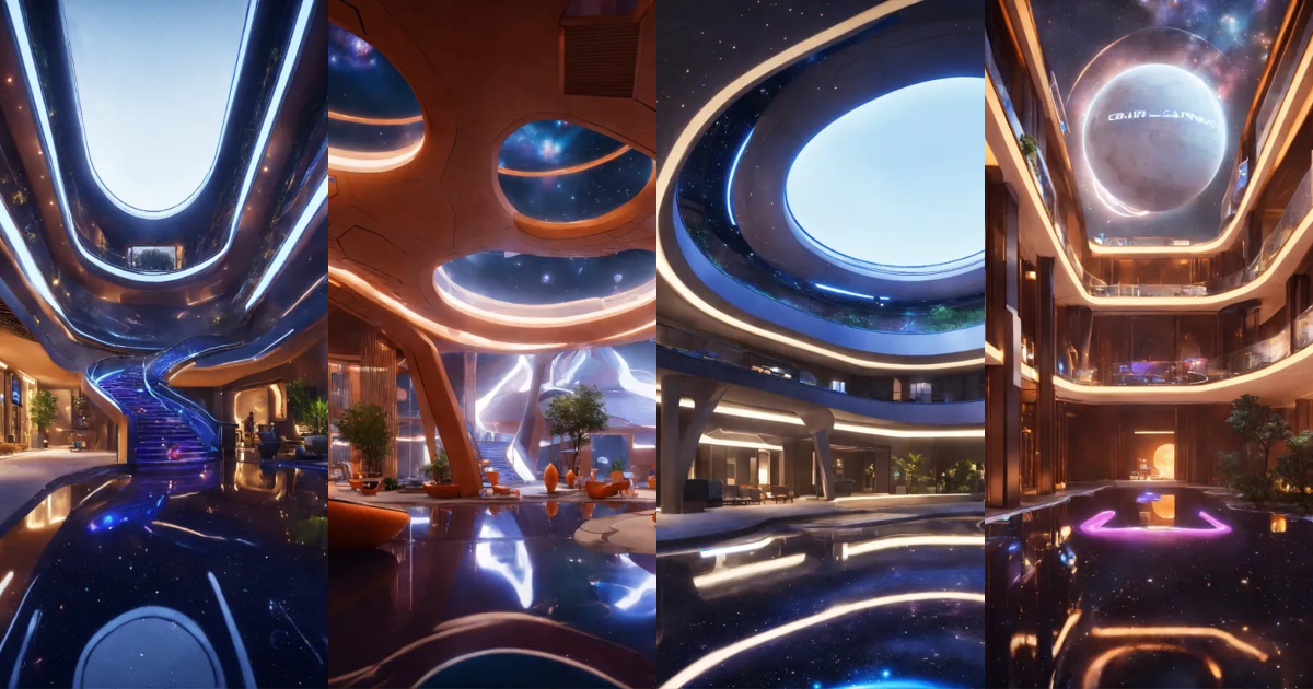 Lexica - Space port hotel courtyard cosmic atrium in deep space, cosmic ...