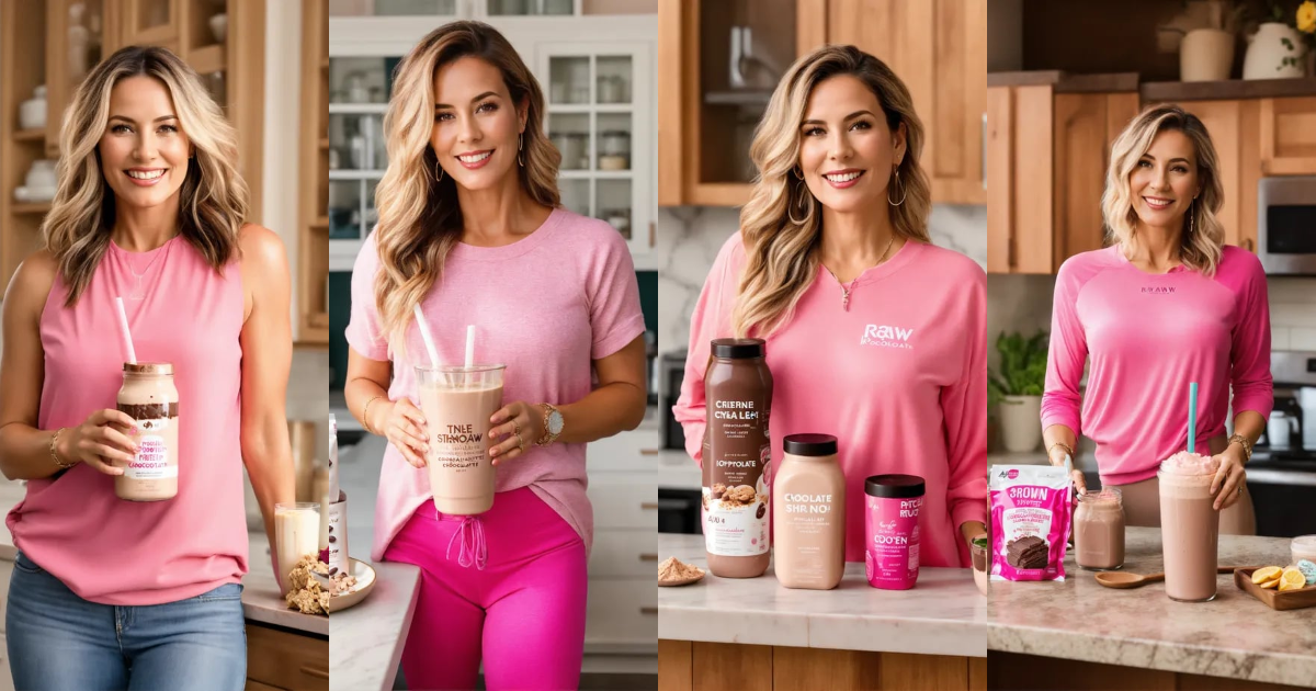 Lexica - Female influencer in her 40s holding a chocolate protein shake ...