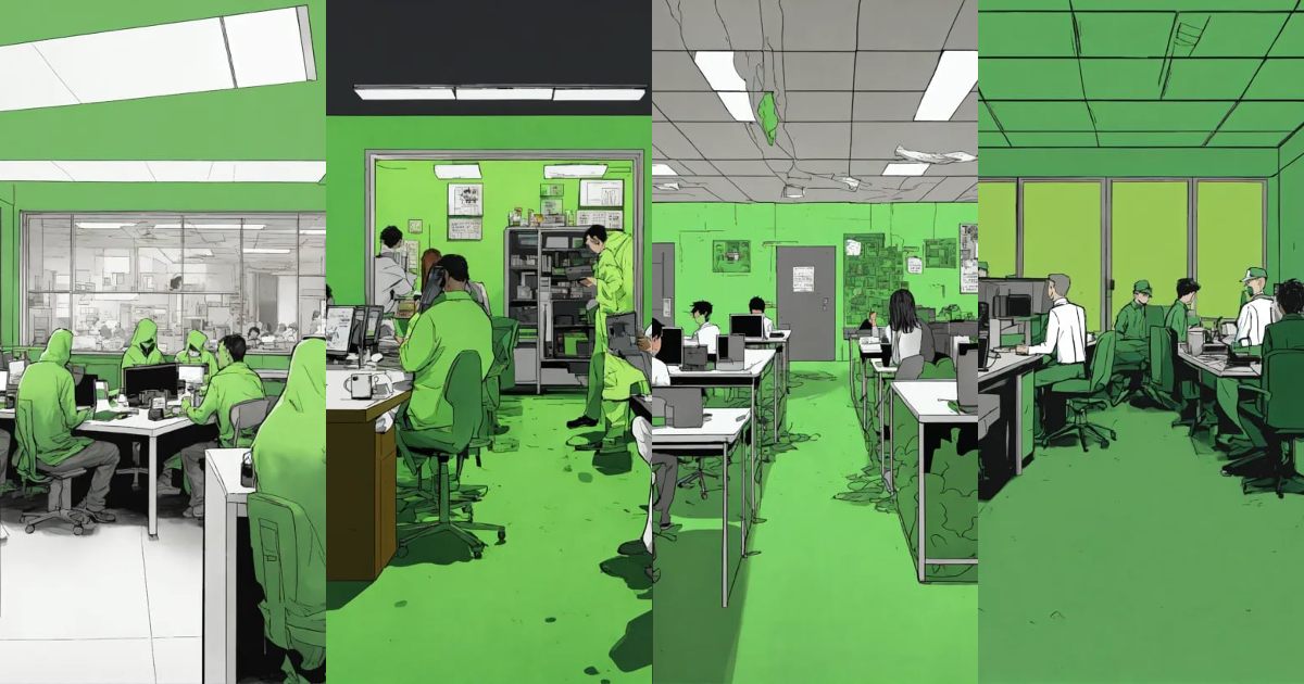 Lexica - Develop a comic cartoon poster of an office break room where ...