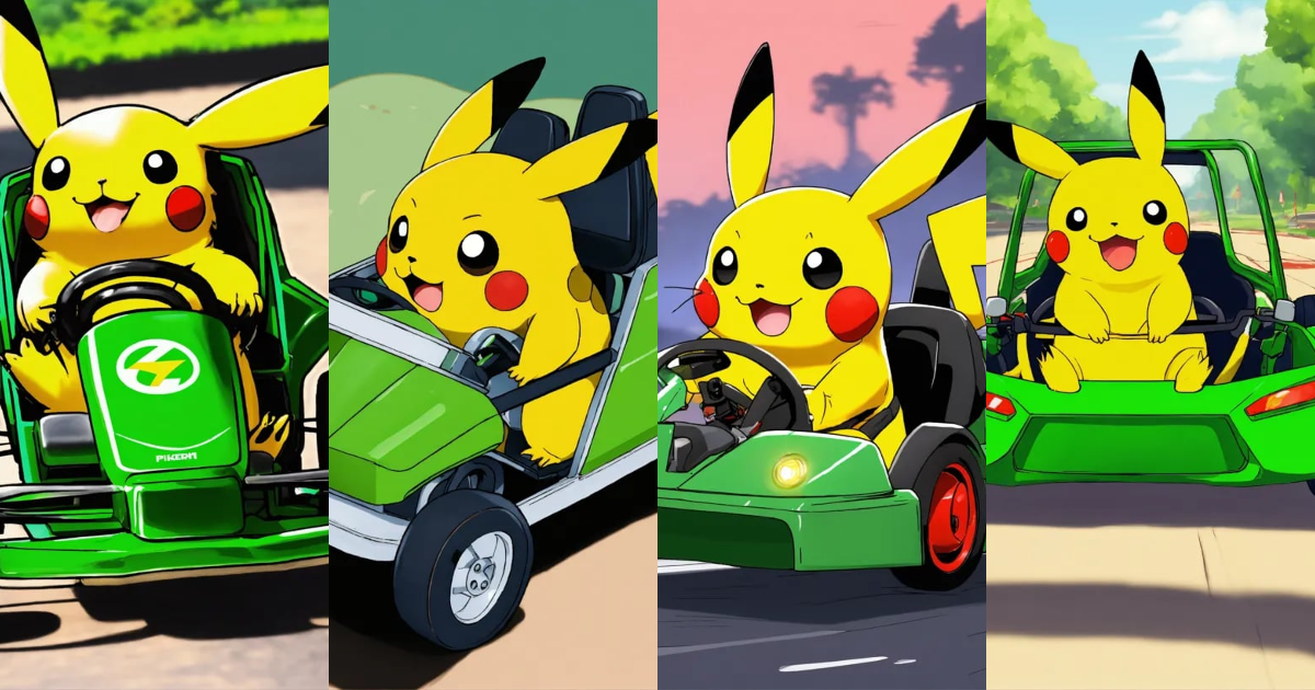 Lexica - Draw me a pickachu riding a green go kart