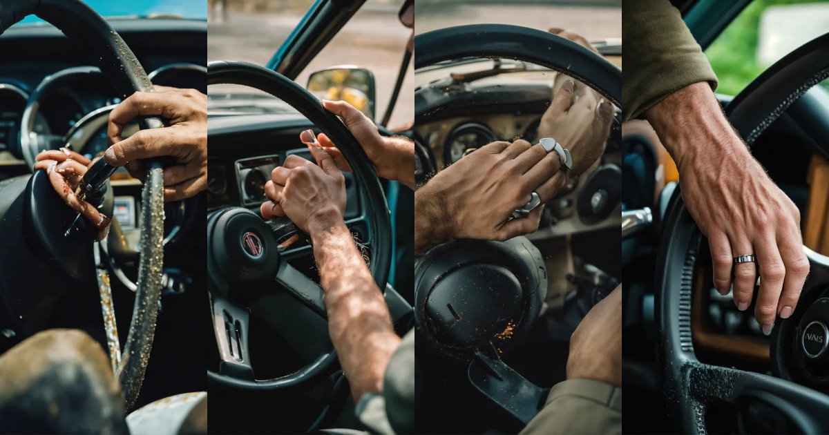 Lexica - A man’s greasy hands with unclipped nails on steering wheel