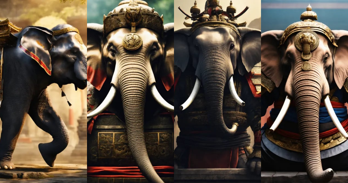 Lexica - Elephant samurai with arms. Ancient temple. Hyper realistic.