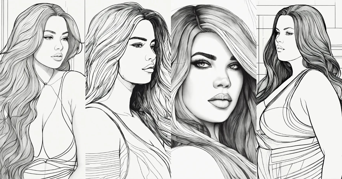 Lexica - Black and white line drawing, plus size woman with long hair ...