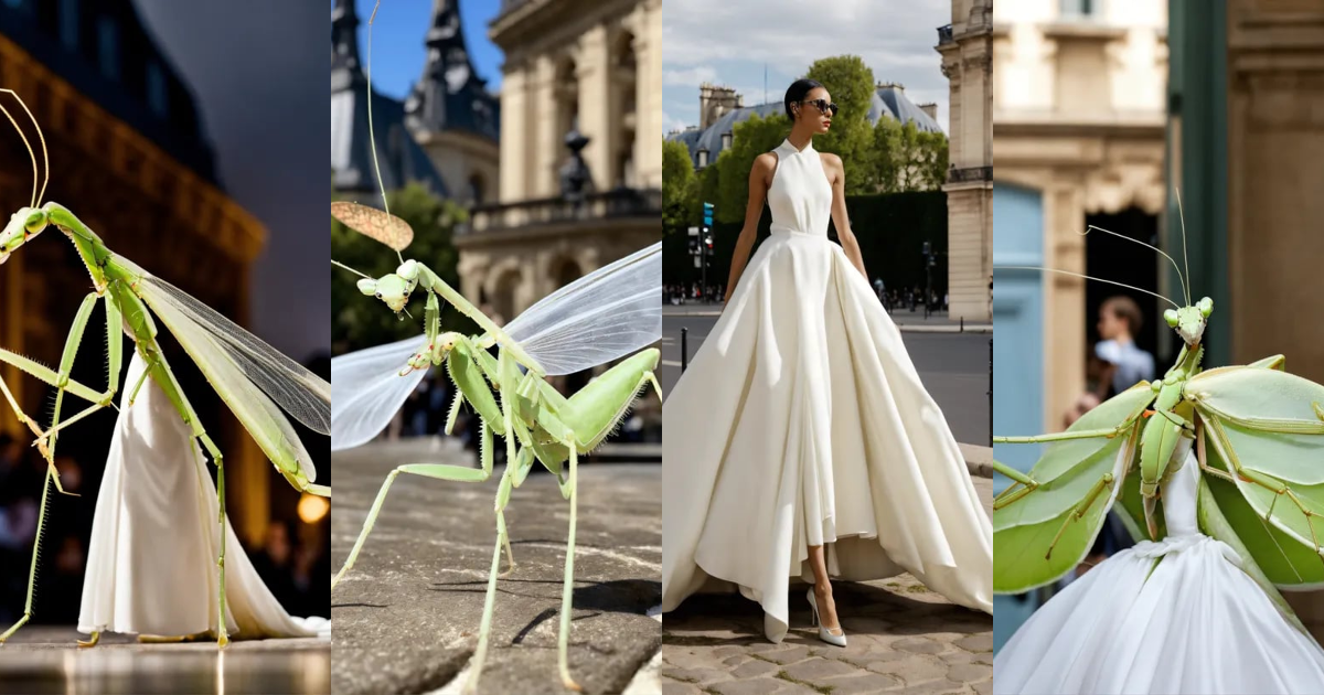 Lexica - A praying mantis wearing a haute couture white dress at paris ...