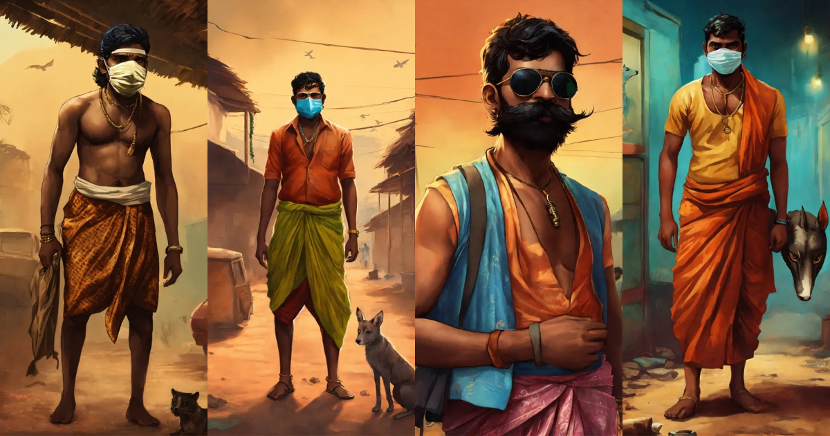 Lexica - A tamil goon wearing lungi , and a animal mask in a gritty and ...